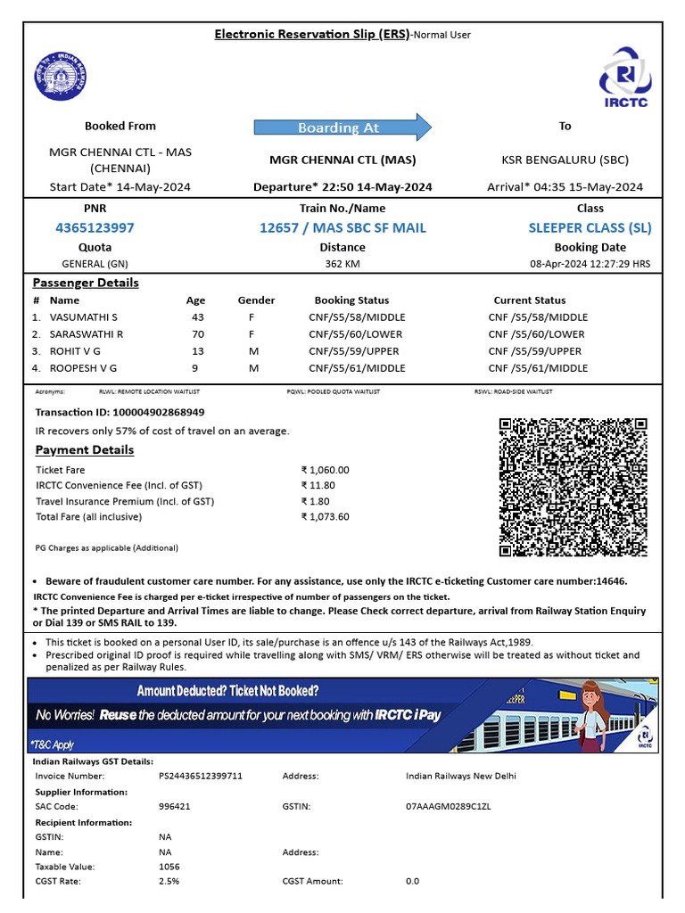 Chennai To BLR Ticket | Download Free PDF | Identity Document