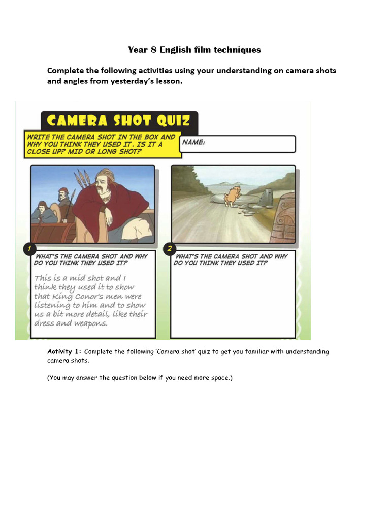 camera shots worksheet | PDF