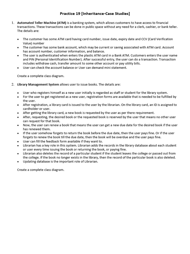 Inheritance Case Studies Guide | PDF | Automated Teller Machine ...