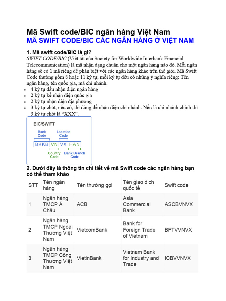 Mã Swift Code BIC Ngân Hàng Việt Nam | PDF