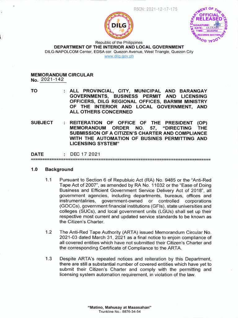 DILG MC 2021-142 (Submission of a Citizen_s Charter and Compliance with the Automation of ...