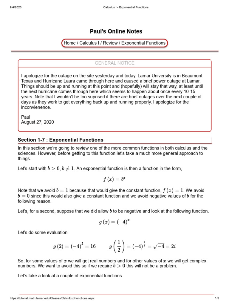 Week 002 Calculus I Exponential Functions Pdf Function Mathematics Exponential Function