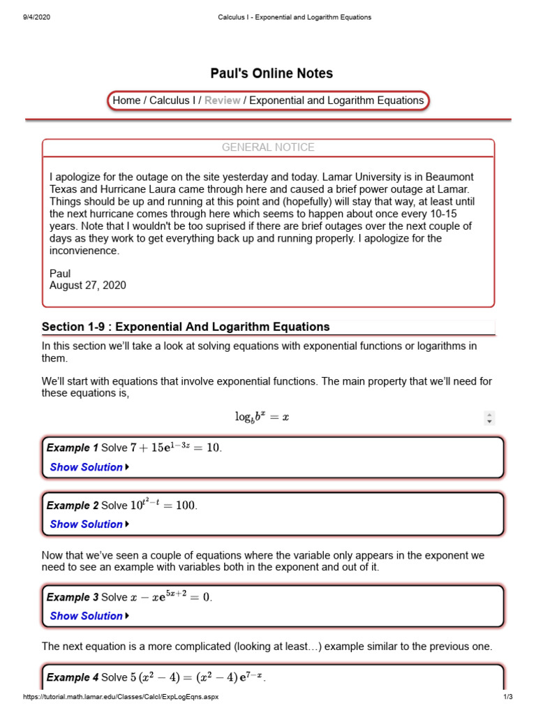 Week 002 Calculus I - Exponential and Logarithm Equations | PDF ...