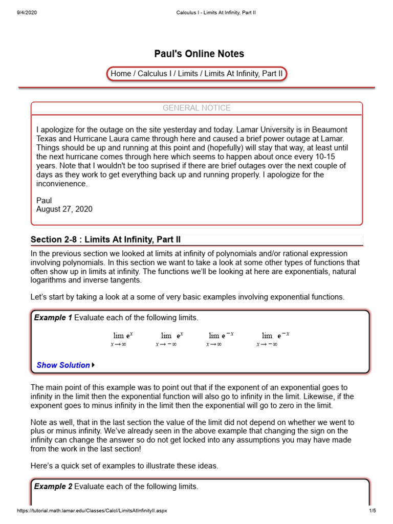Calculus I: Limits at Infinity | PDF | Exponentiation | Logarithm