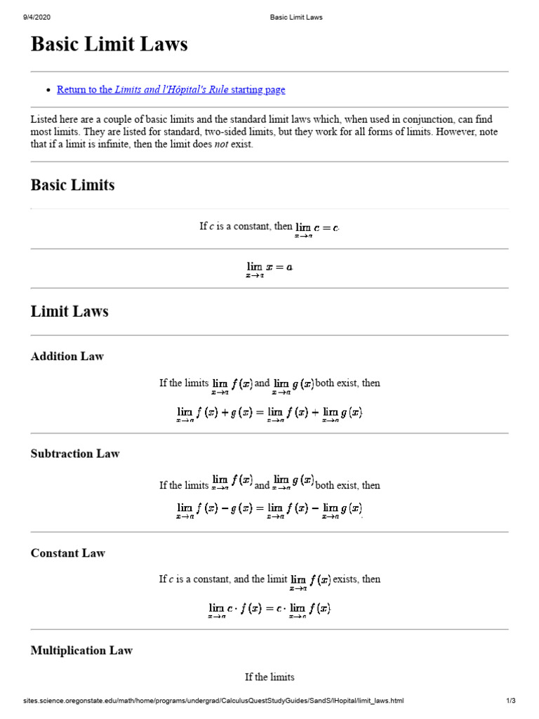 Week 002 Topic 2 List of Basic Laws of Limits | PDF | Abstract Algebra | Mathematical Concepts