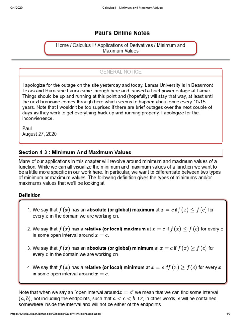 Week 004 Calculus I - Minimum and Maximum Values | PDF | Function (Mathematics) | Interval ...