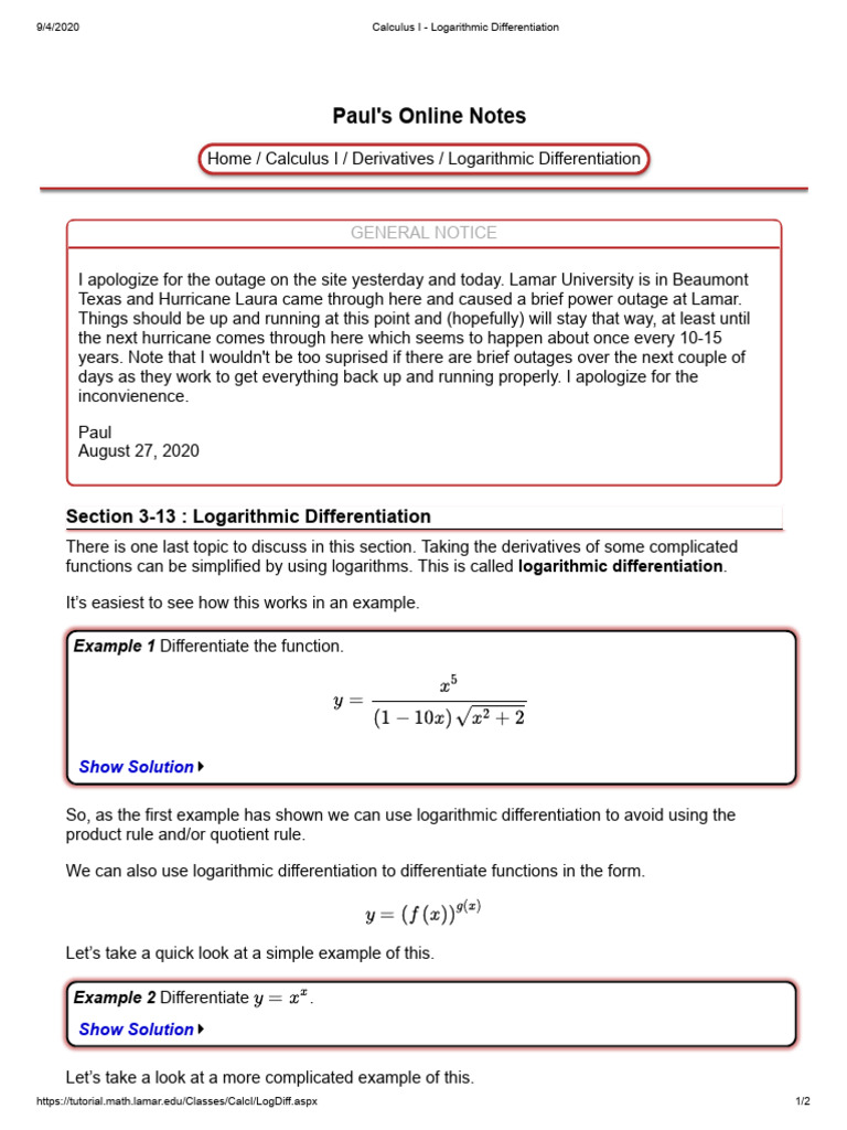 Week 007 Calculus I - Logarithmic Differentiation | PDF | Derivative | Subtraction