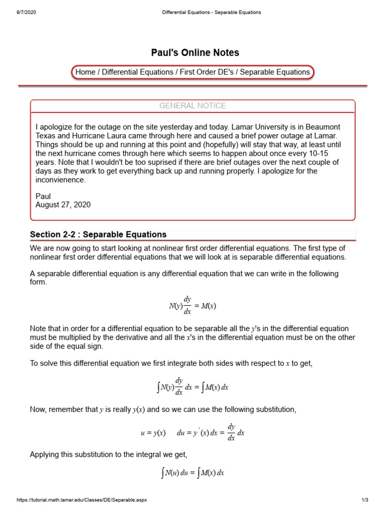 Week 014 Differential Equations Separable Equations Pdf Equations Integral