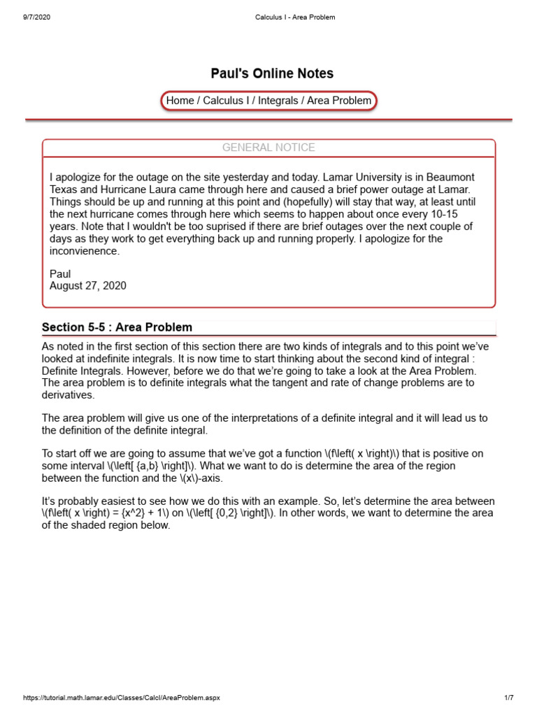 Week 016 Calculus I Area Problem Download Free Pdf Summation Interval Mathematics