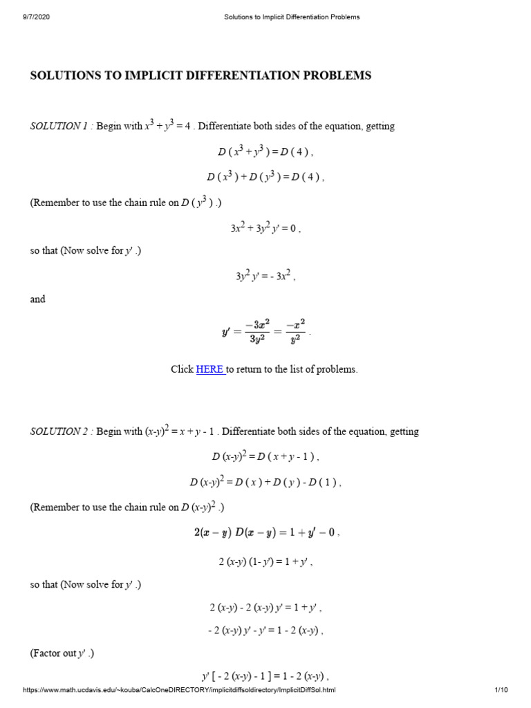 Implicit Differentiation Solutions Guide | PDF | Tangent | Equations