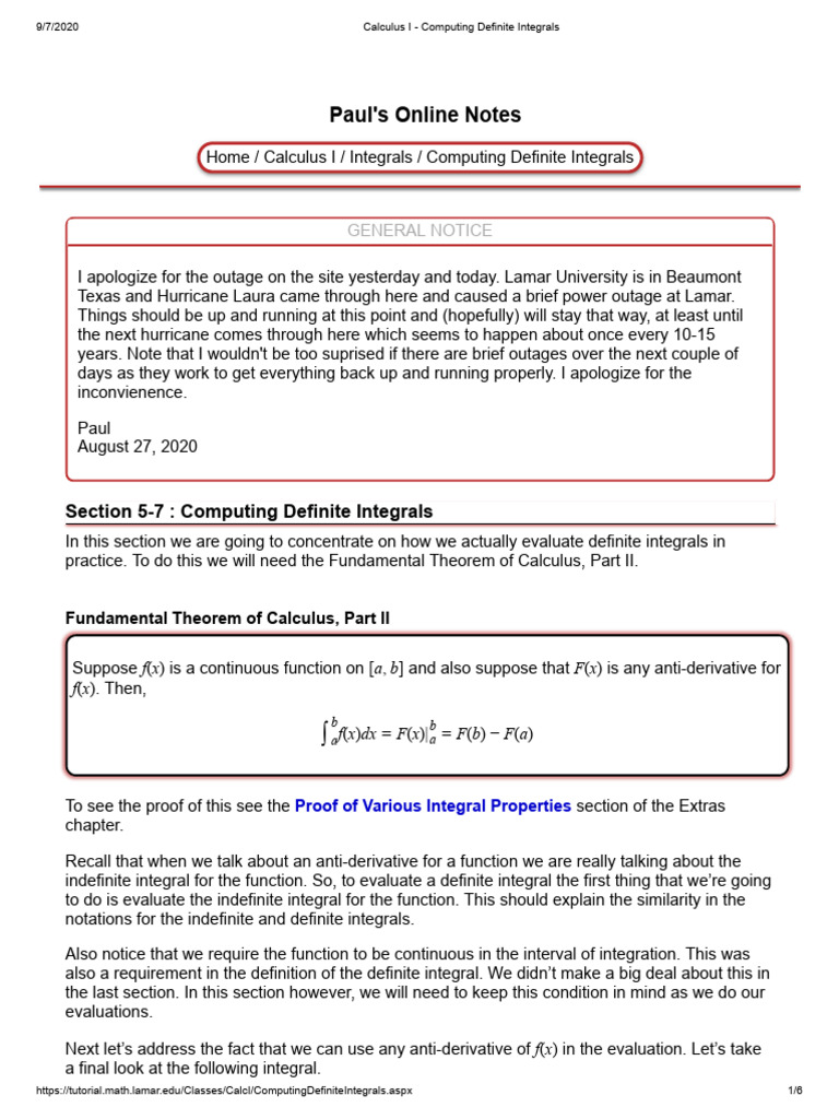 Week 017 Calculus I - Computing Definite Integrals | PDF | Integral | Function (Mathematics)