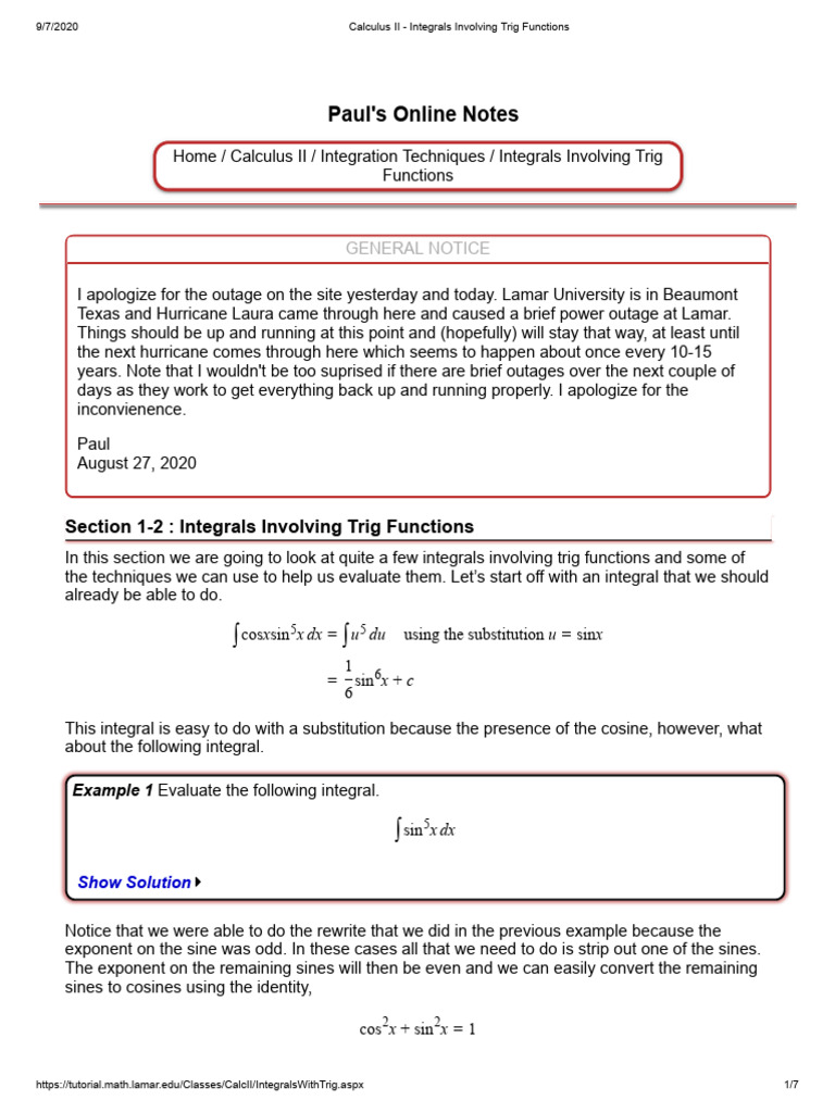 Integrals with Trig Functions Guide | PDF | Trigonometric Functions ...
