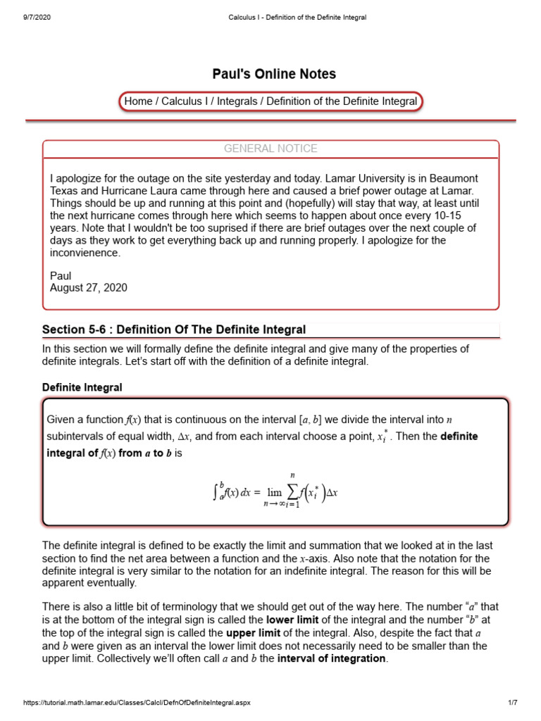 Week 017 Calculus I - Definition of The Definite Integral | PDF ...