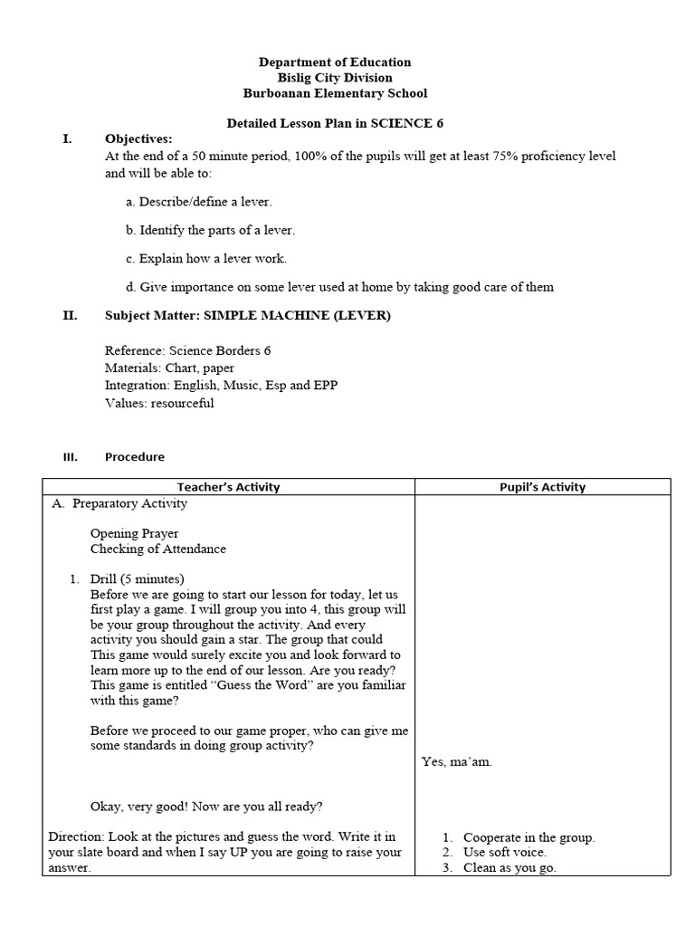 Detailed Lesson Plan in Science (Simple Machine Lever) | Download Free ...