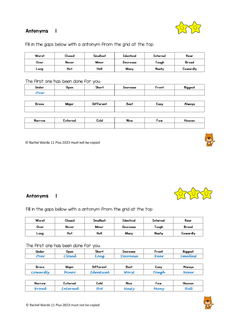 Antonym 1 Matching Worksheet With Answers FREE SAMPLE | PDF