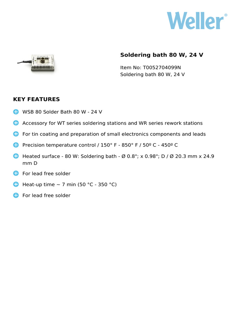 Datasheet - Soldering Bath 80 W 24 V - T0052704099N | PDF | Home & Garden