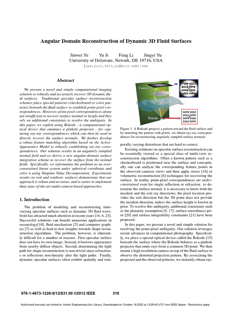 Angular Domain Reconstruction of Dynamic 3D Fluid Surfaces | PDF | Optics | Camera