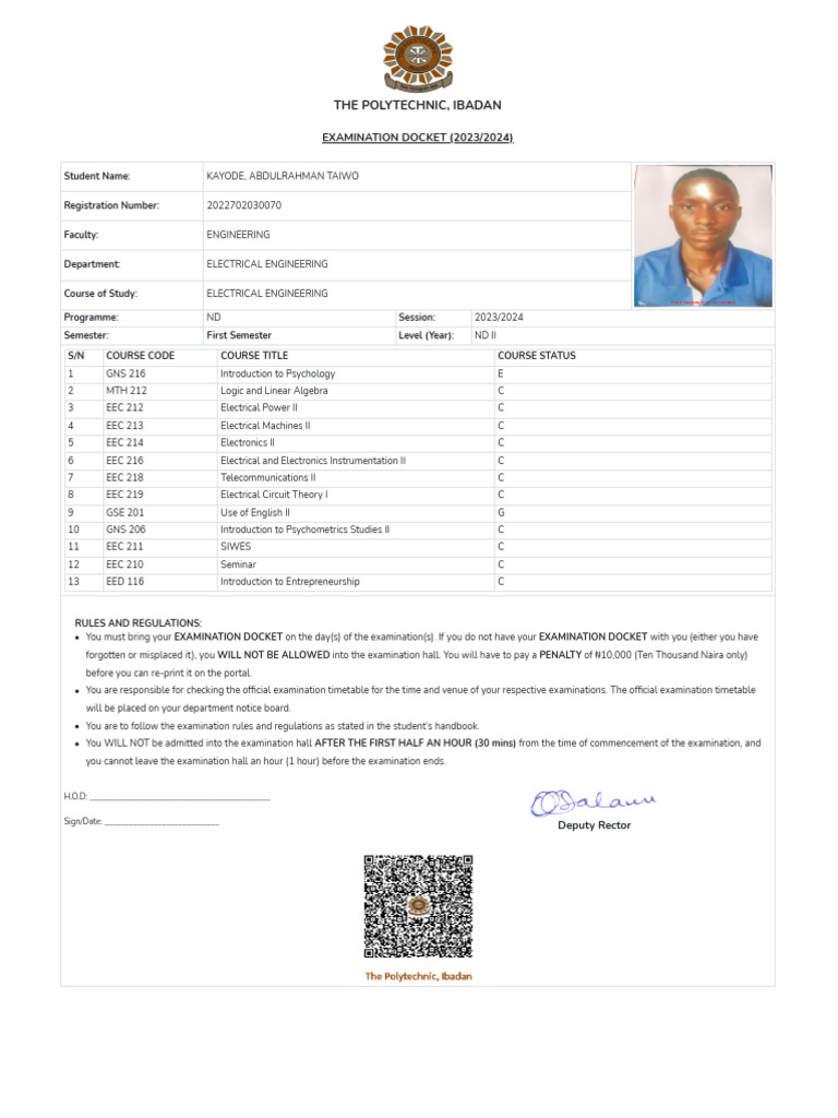 Polytechnic Ibadan Exam Docket 2023/24 | PDF | Electromagnetism | Electronics