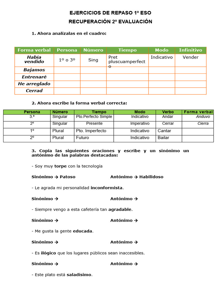 Ejercicios Repaso Recuperación 2º Ev | PDF | Verbo | Rima