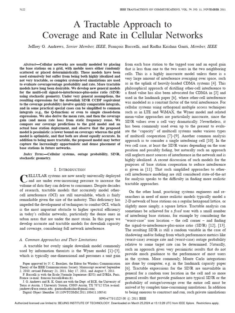 A Tractable Approach To Coverage and Rate in Cellular Networks | PDF | Cellular Network ...