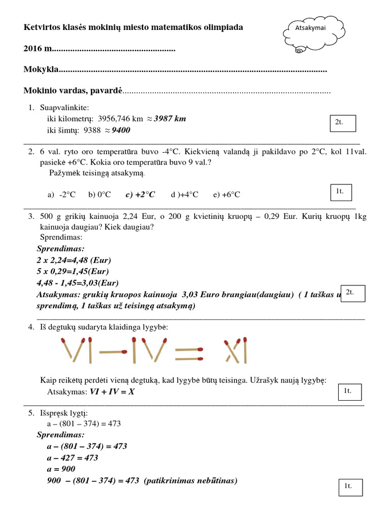 Matematikos Olimpiada 4 Klasei (Vertinimas) 2016 M | PDF