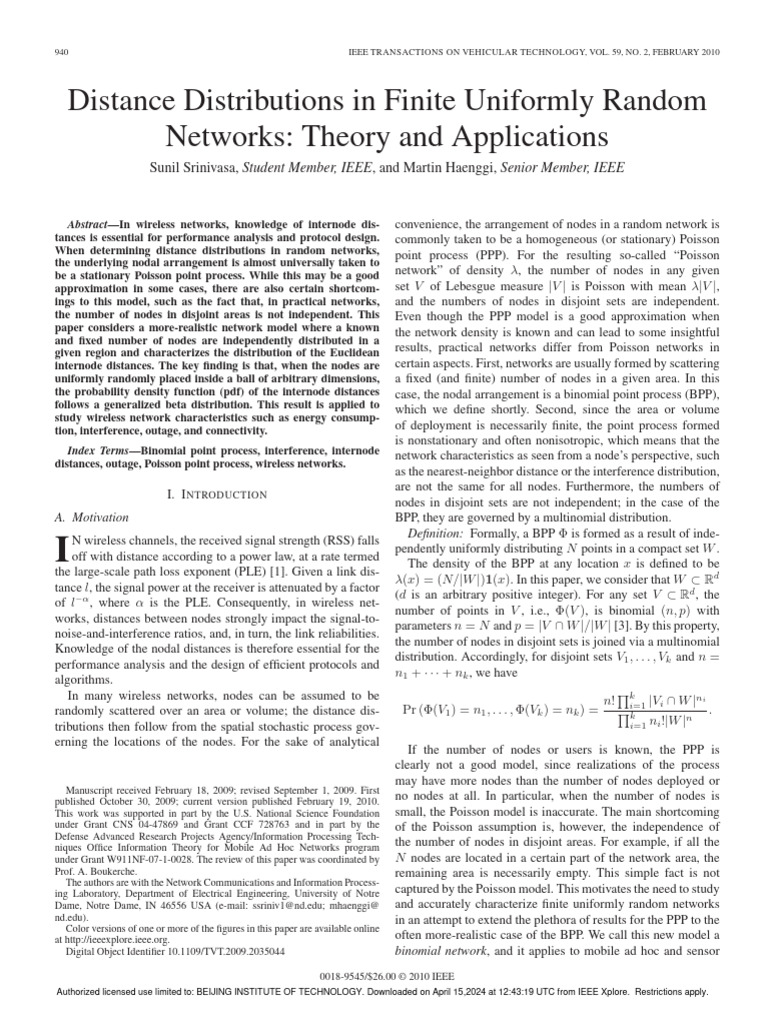 Distance Distributions in Finite Uniformly Random Networks Theory and Applications | PDF ...