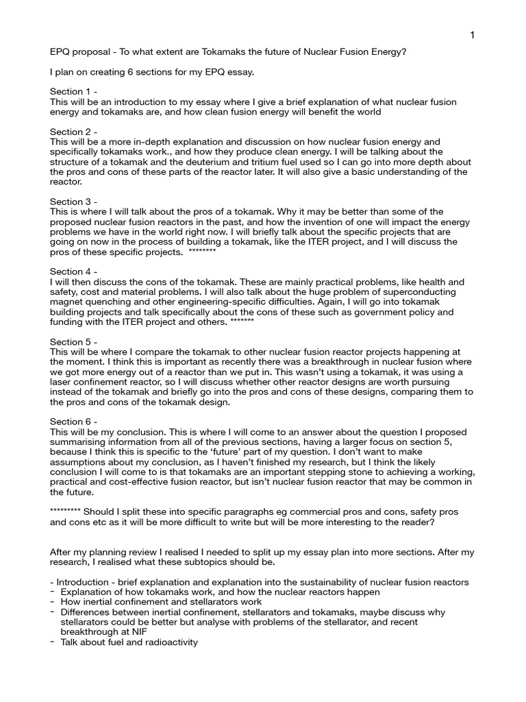 Essay Plan Epq PDF | PDF | Fusion Power | Tokamak