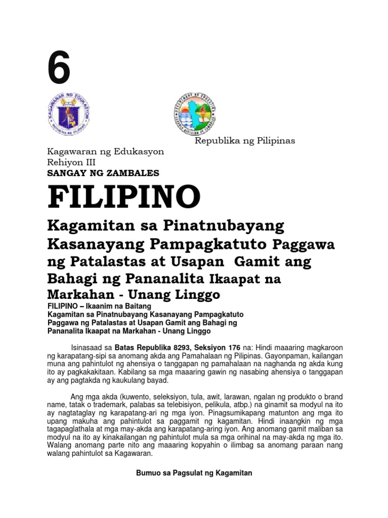 Filipino6 Q4 Mod1 PaggawangPatalastasatUsapanGamitangIbat tIbangBahagingPananalita | PDF
