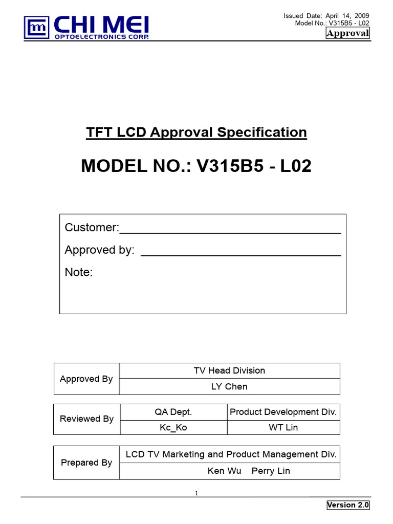 MODEL NO.: V315B5 - L02: TFT LCD Approval Specification | PDF | Display Technology ...