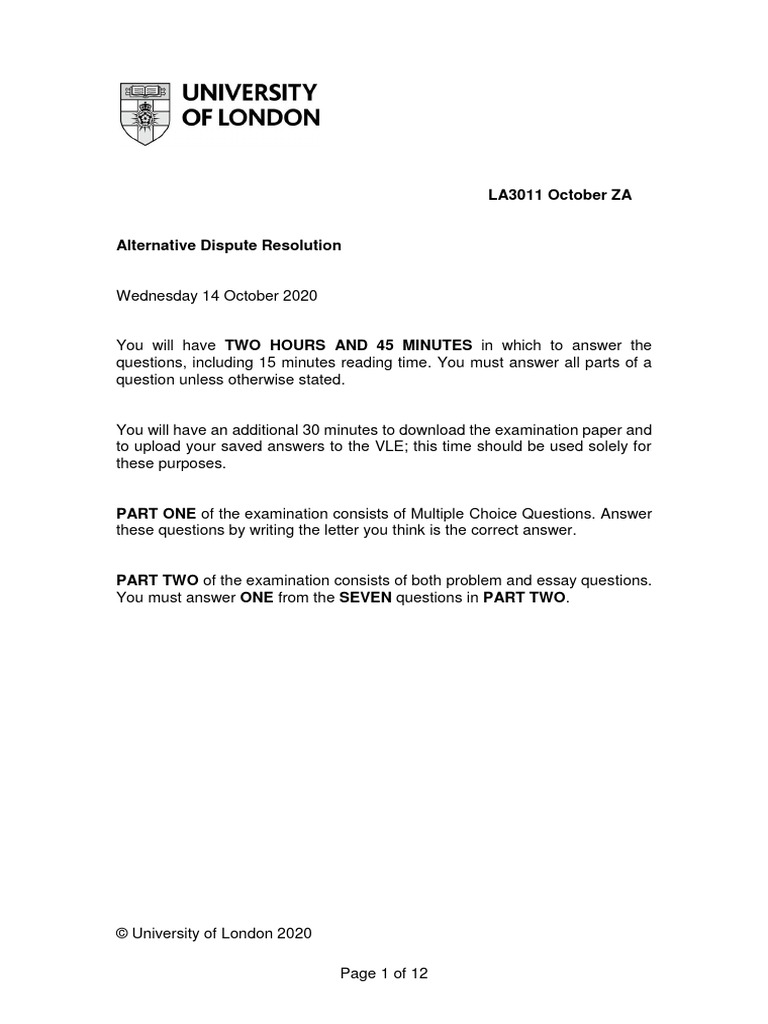 ADR Exam 2020 (Oct) AB | PDF | Mediation | Alternative Dispute Resolution