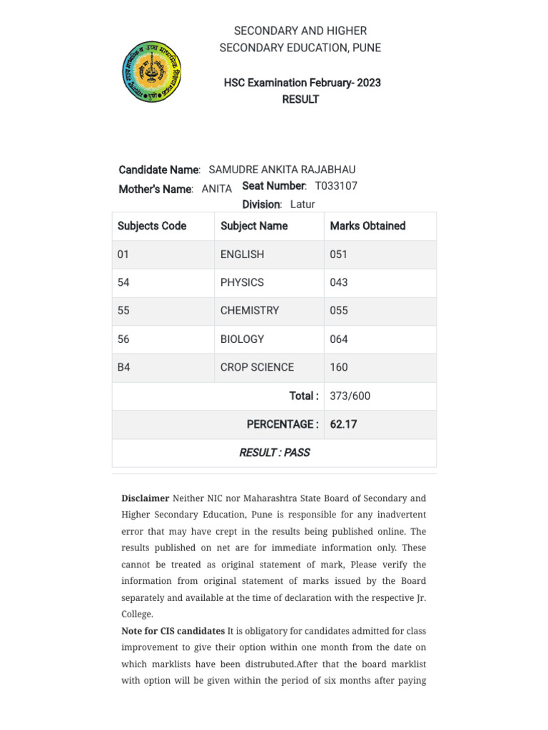 HSC Examination February - 2023 Result - Msbshse, Pune | PDF