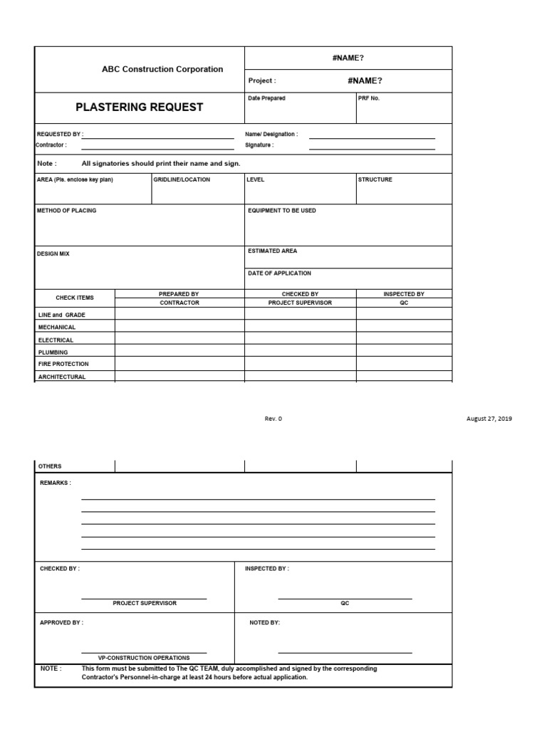 Plastering Request Form Template | PDF