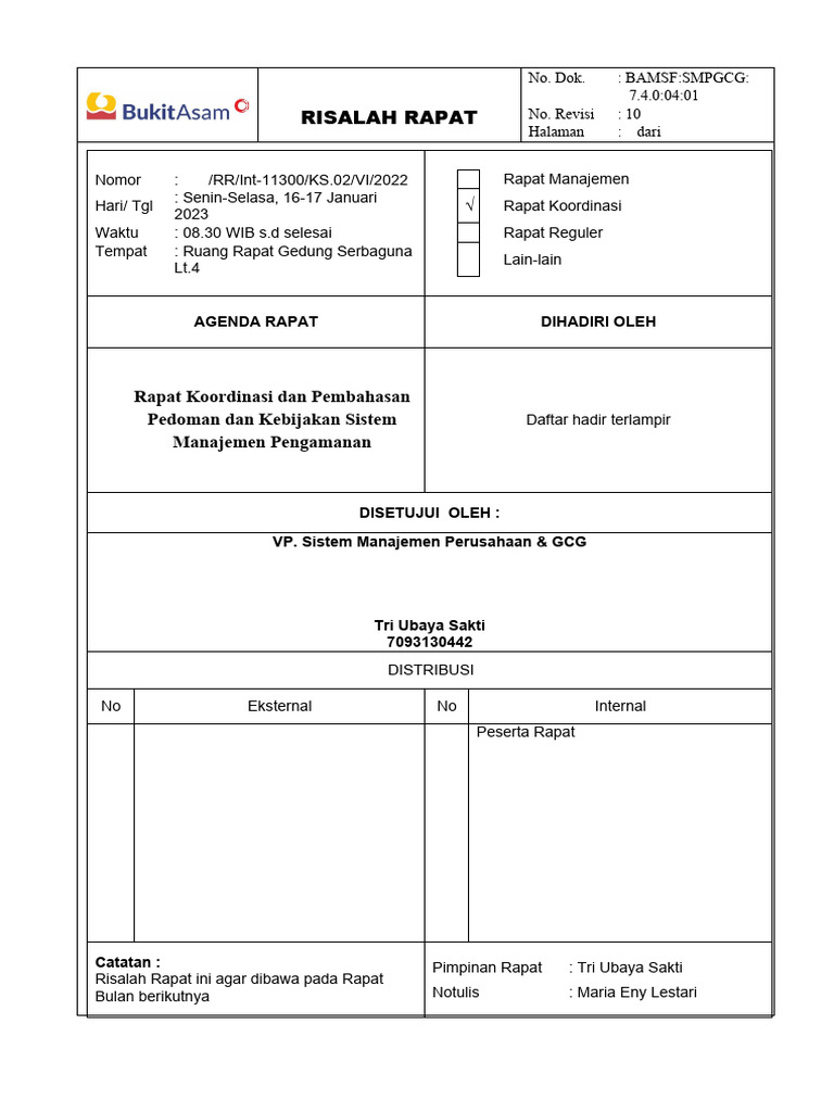 Risalah Rapat Pembahasan Pedoman Dan Kebijakan Sistem Manajemen ...