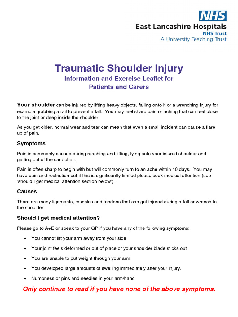 Traumatic Shoulder Injury - Patient Information and Exercises - PHYSIO 001 | PDF | Shoulder ...