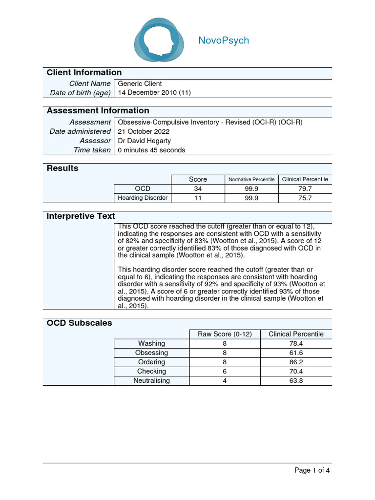 OCI-R Assessment Results Summary | PDF | Obsessive–Compulsive Disorder ...