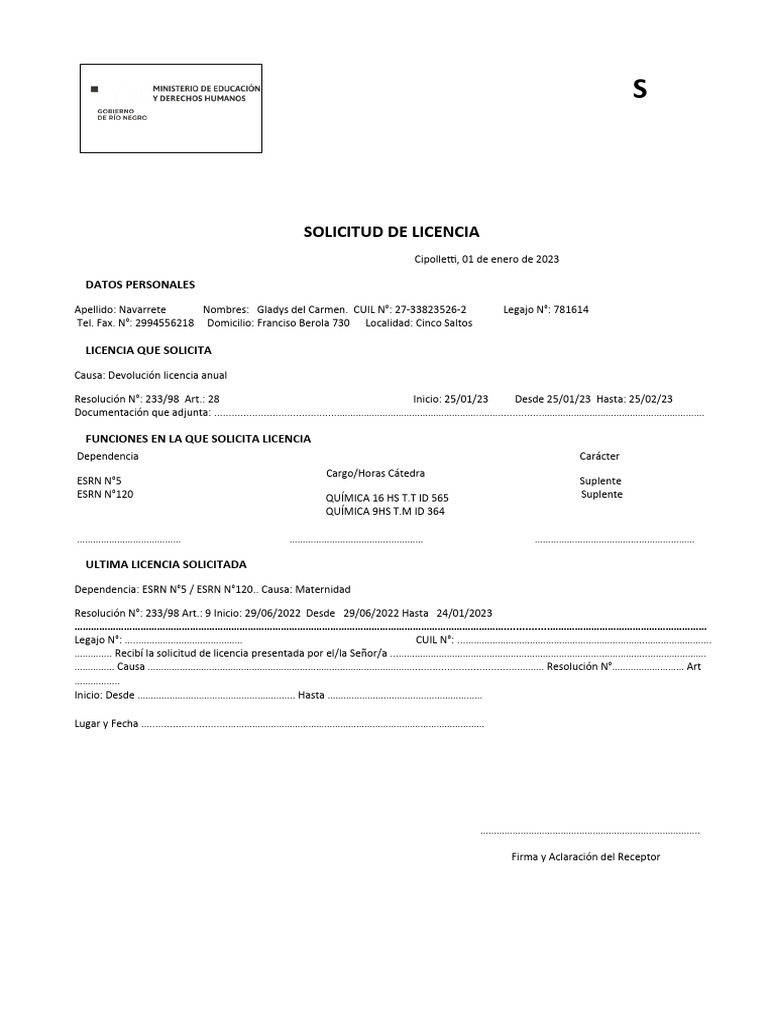 Solicitud de Licencia: Datos Personales | PDF