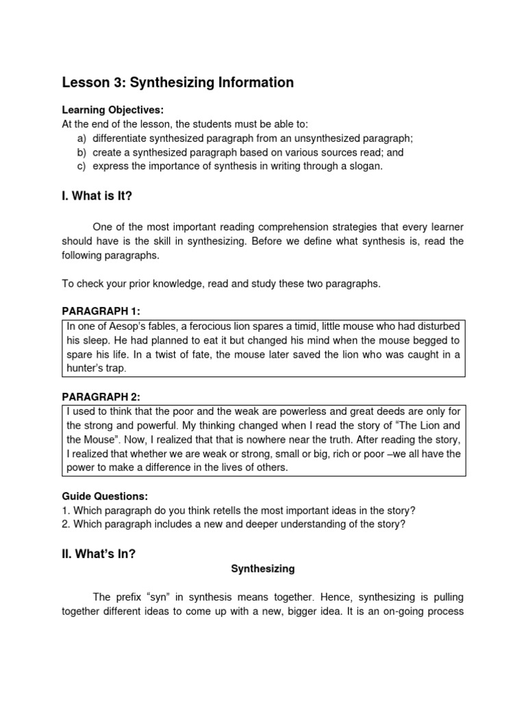 Lesson 3 Synthesizing Information | PDF | Information | Cognition