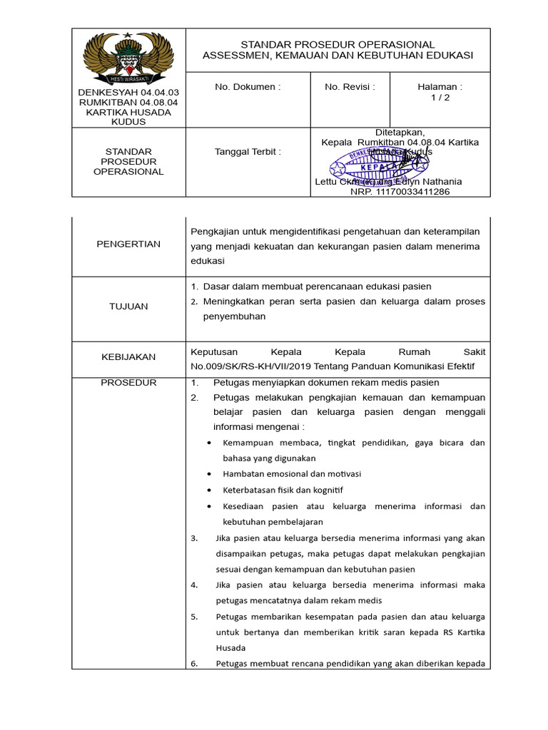 Spo Assessmen Kemampuan, Kemauan Dan Kebutuhan Edukasi | PDF ...