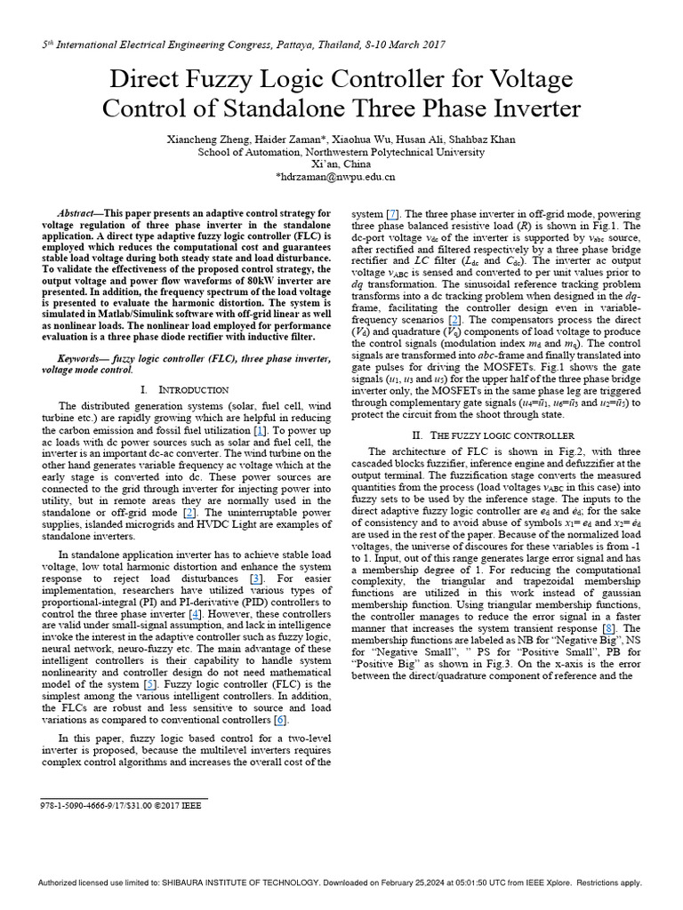 Direct Fuzzy Logic Controller For Voltage Control of Standalone Three Phase Inverter | PDF ...