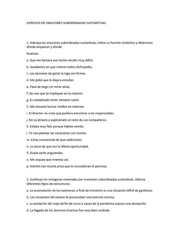 Ejercicios Or. Sub - Sust. | PDF | Oración (Lingüística) | Gramática