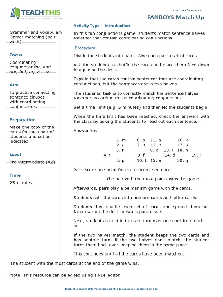Fanboys Match Up | PDF | Sentence (Linguistics) | Language Mechanics