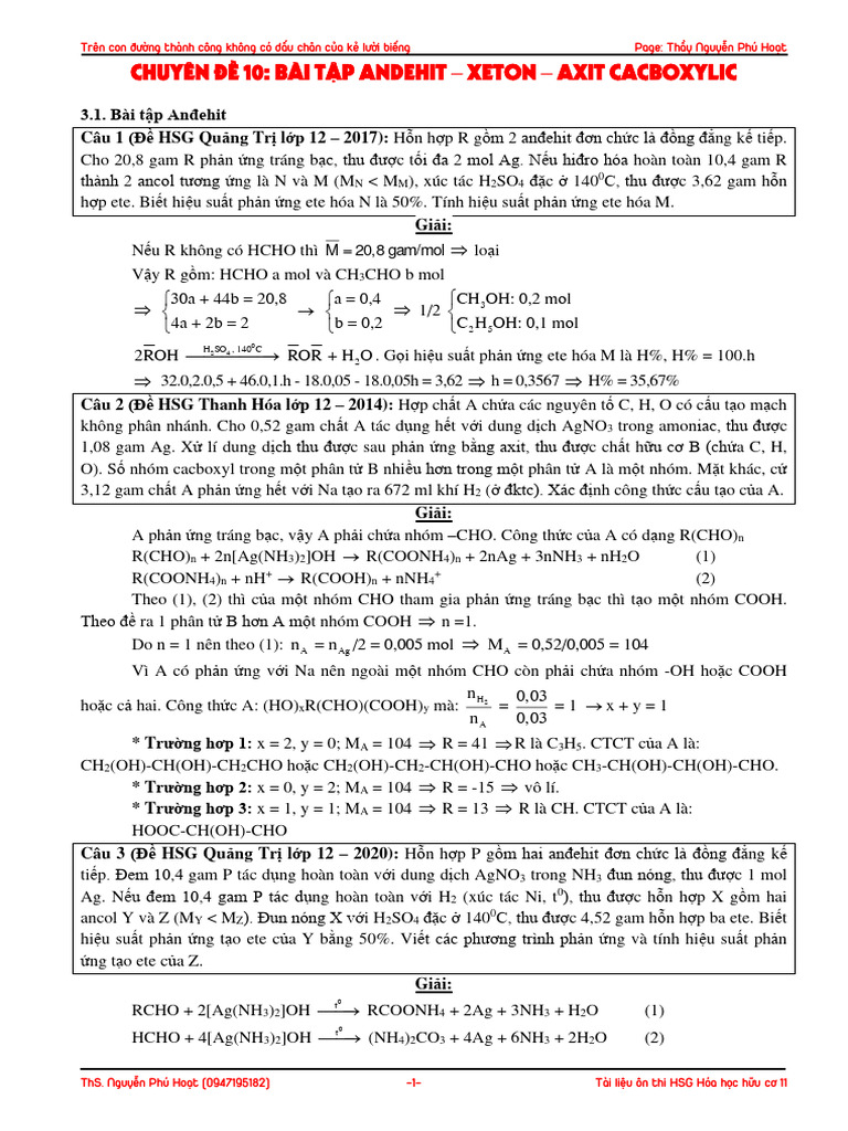 Chuyên Đề 10 - Bài Tập Andehit, Xeton Và Axit Cacboxylic | PDF