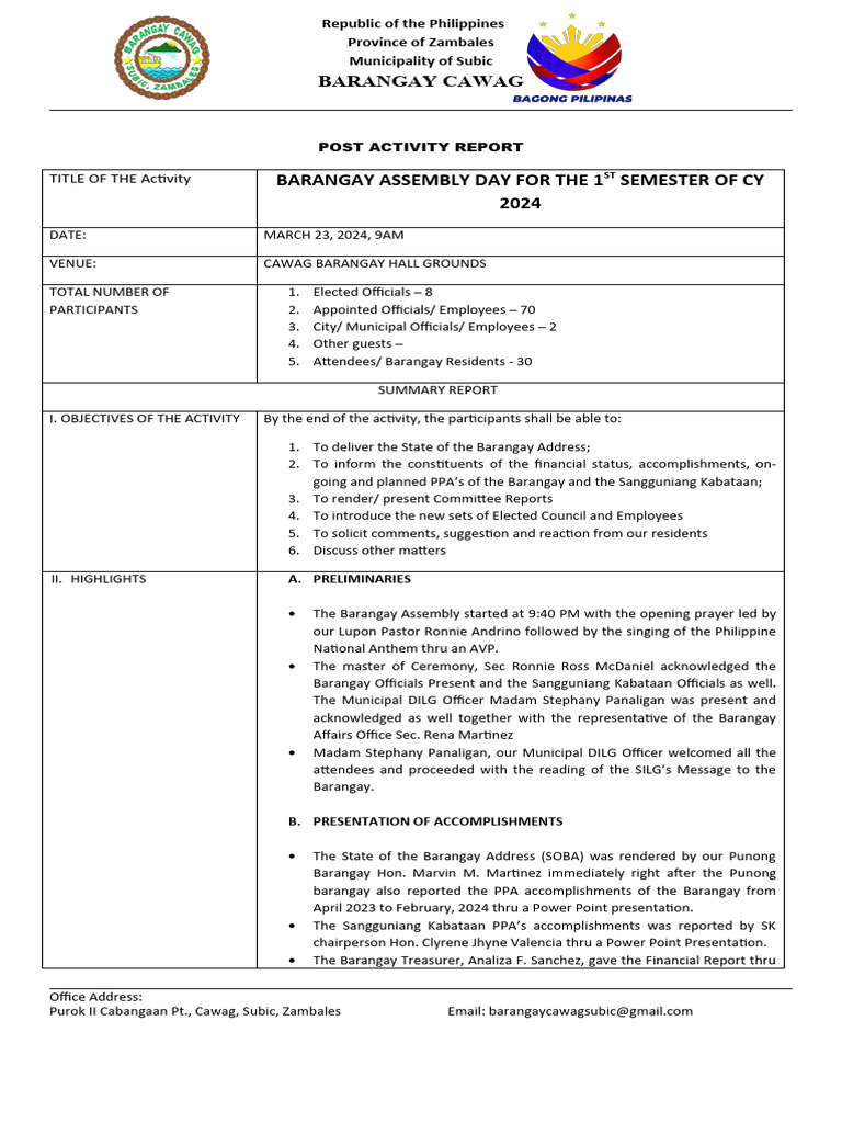 Barangay Assembly March 23 | PDF