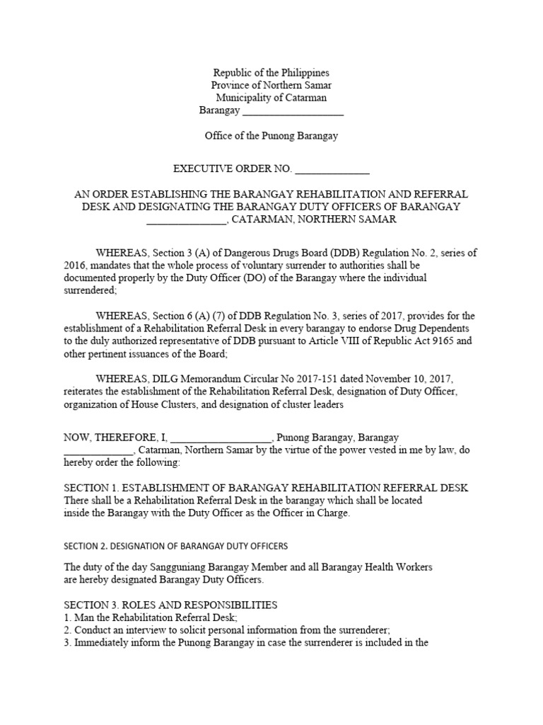 EO. Barangay Rehabilitation Refferal Desk | PDF | Drug Rehabilitation ...