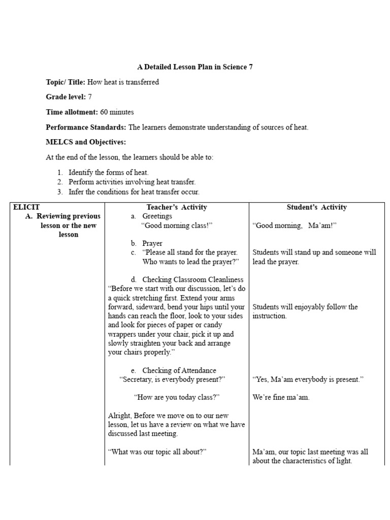 Detailed Lesson Plan in Science 7 030022 | PDF | Heat Transfer | Heat