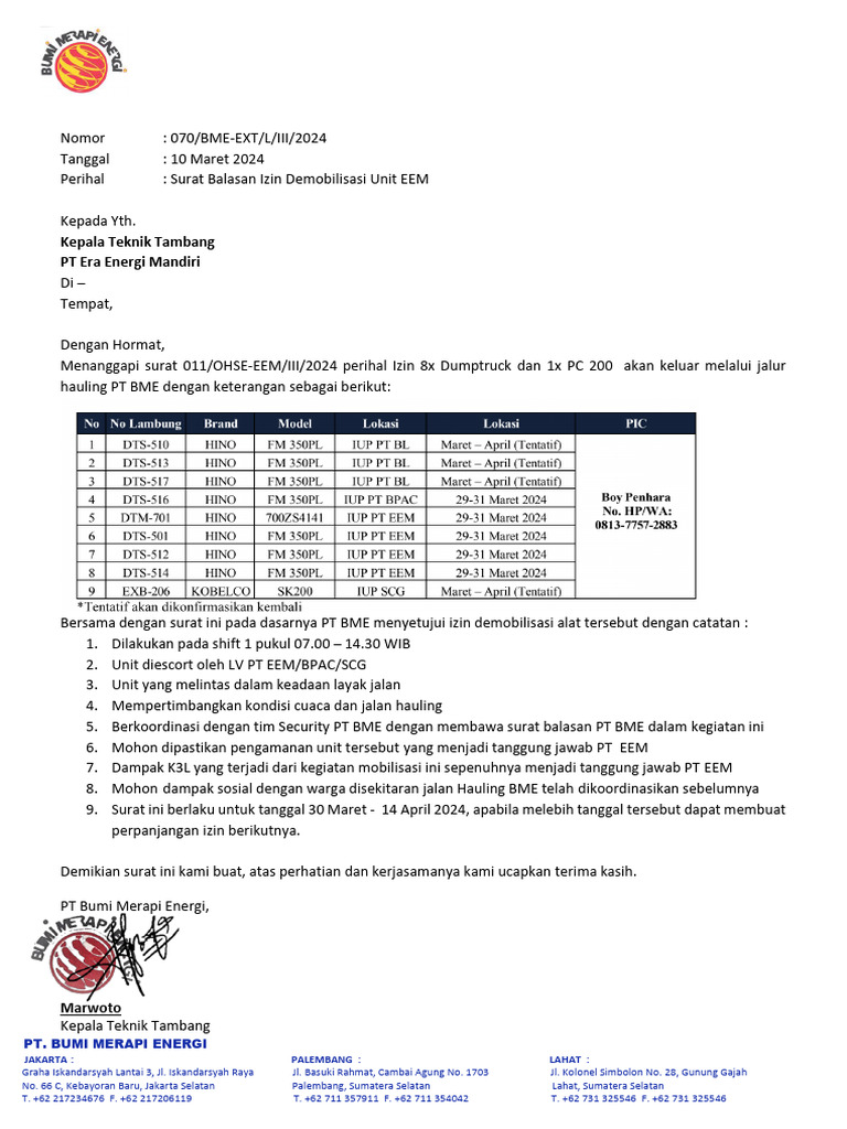 Surat Balasan Izin Demobilisasi Unit To EEM 1 | PDF