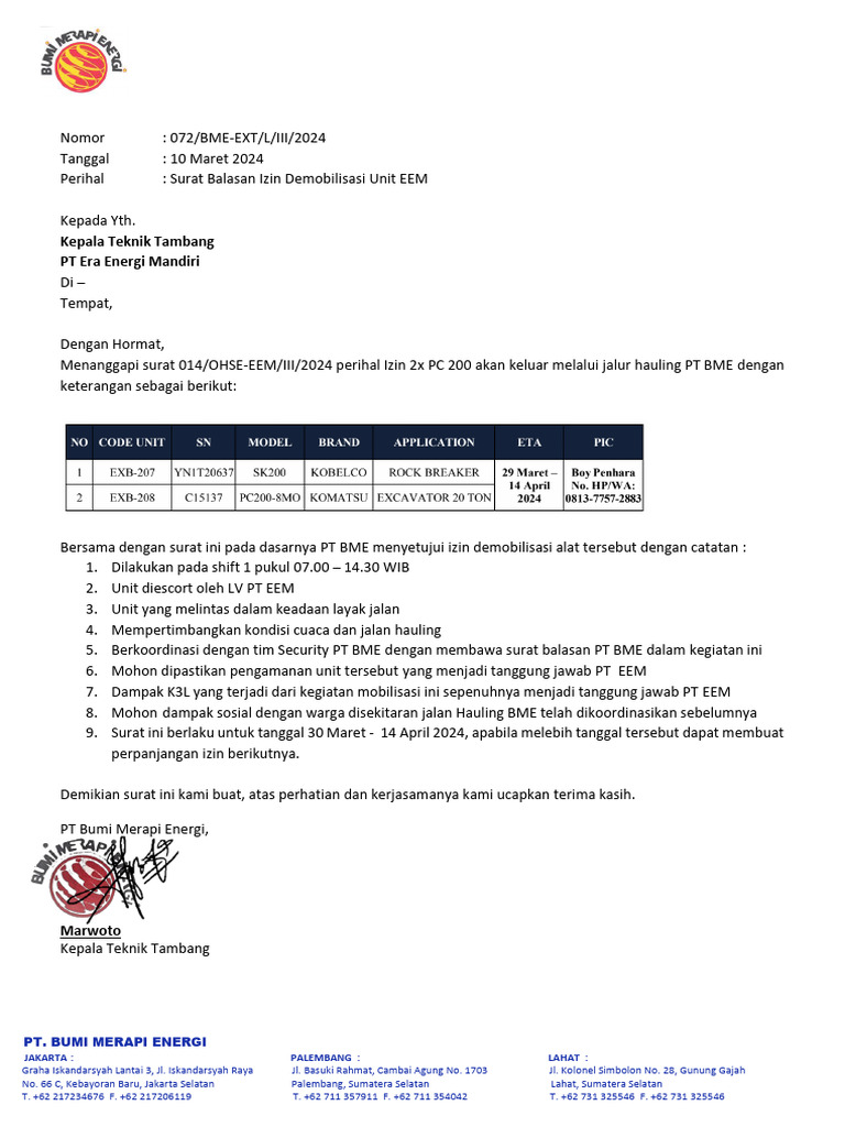 Surat Balasan Izin Demobilisasi Unit To EEM 3 | PDF