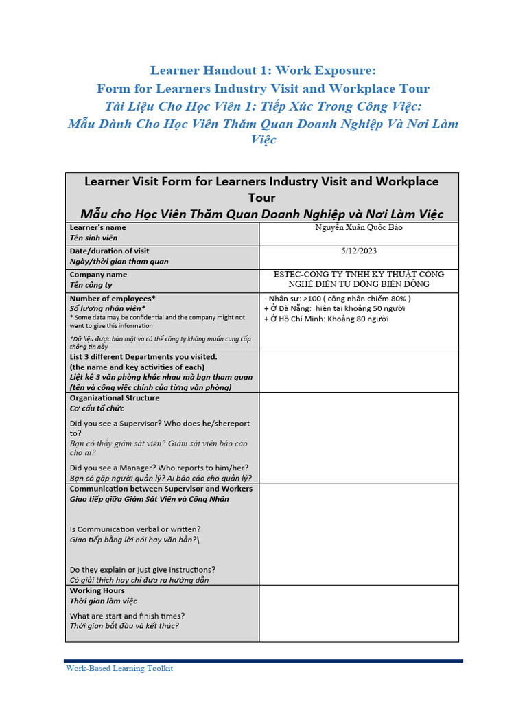 Learner Handout 1 - Work Exposure Form For Learners Industry Visit and ...
