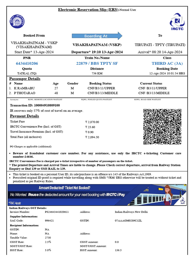 Bbs Tpty SF Third Ac (3A) : Electronic Reservation Slip (ERS ...