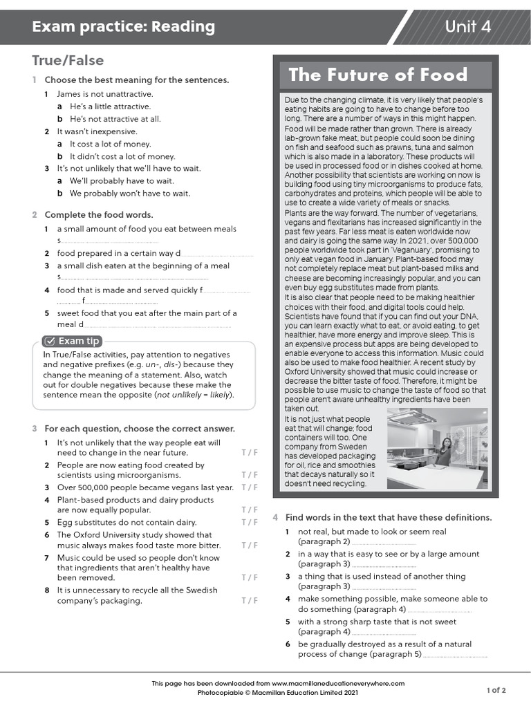 B1PLUS U4 Exam Practice Reading | PDF | Foods | Vending Machine
